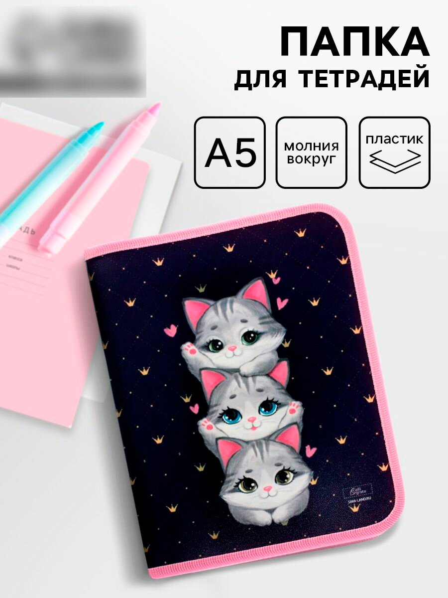 Папка для тетрадей, А5, пластиковая, 18х23х2.5 см Котики