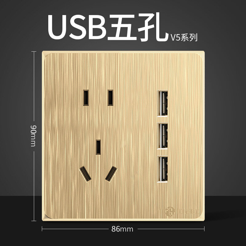 Розетка-выключатель настенная, стандартная, тип 86, скрытая, на 2/3 гнезда, 5-контактная, с USB, бытовая, серия V5,