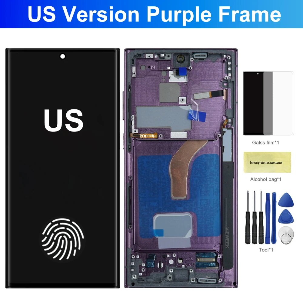 6,78-дюймовый S22 Ultra 5G Super AMOLED-экран для Samsung Galaxy S22 Ultra S908B US Purple Frame