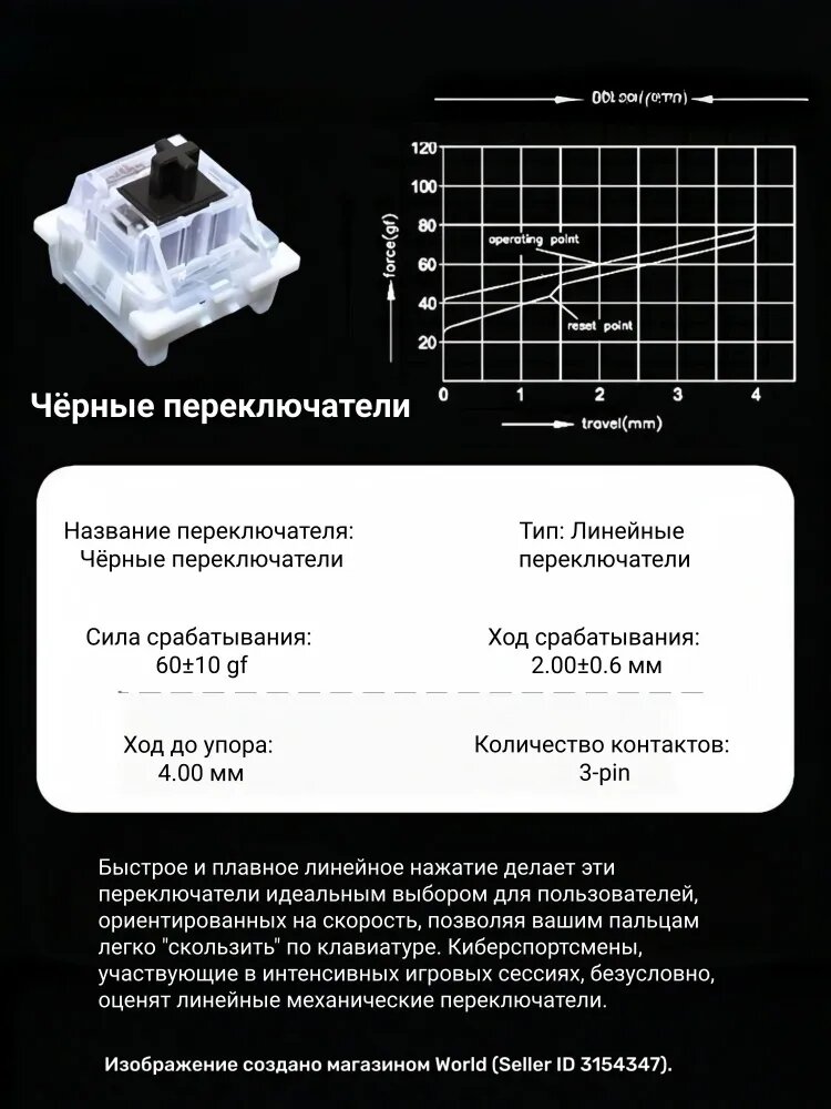 Свитчи чёрные, линейные для механических клавиатур, с светопроводом, 3-pin, 80 шт.