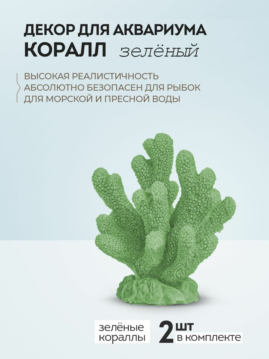 Коралл искусственный, для аквариума, полимерный материал, светло-зелёный, 45x45x40 мм, 2шт