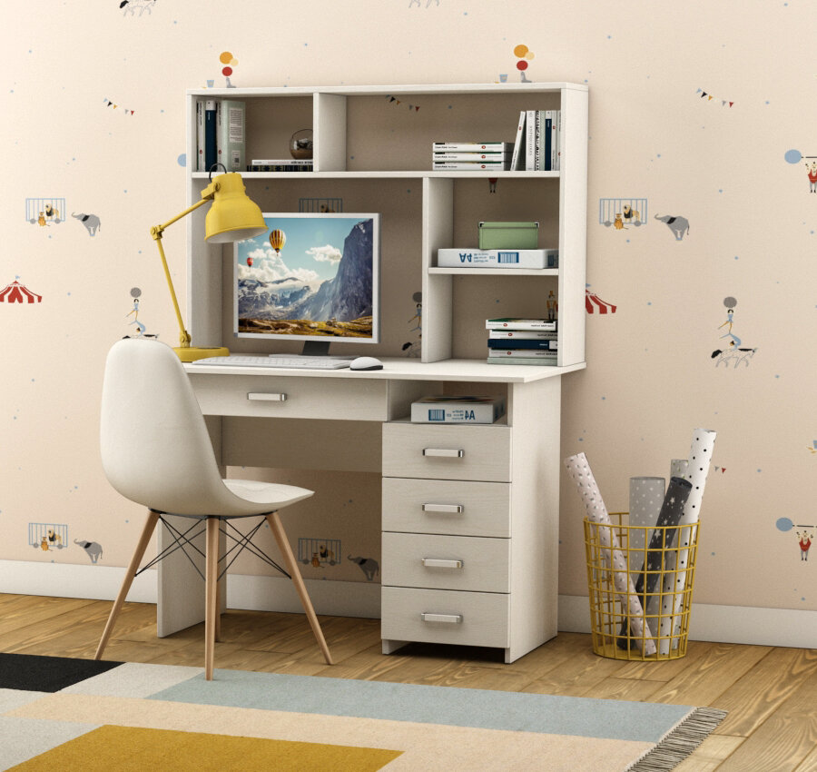 Стол письменный, стол компьютерный Лайт (Ньюкасл) 5Я с надстройкой белое дерево