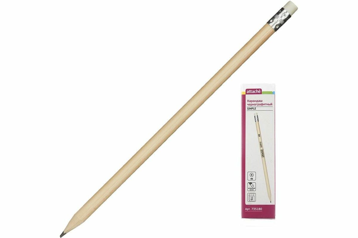 Attache карандаш чернографитный круглый HB, натур. дерево, заточ, с ластиком, 735180 1шт