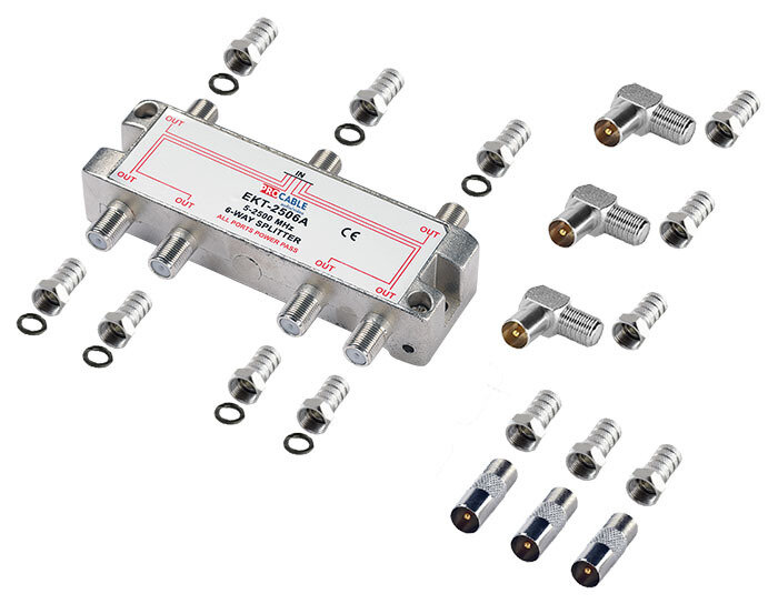 ТВ комплект №69: Разветвитель на 6 тв 5-2500 MHz "спутник", с разъёмом F (7 штук)+ТВ штекер прямой + F (3 штуки)+ТВ штекер угловой + F (3 штуки)