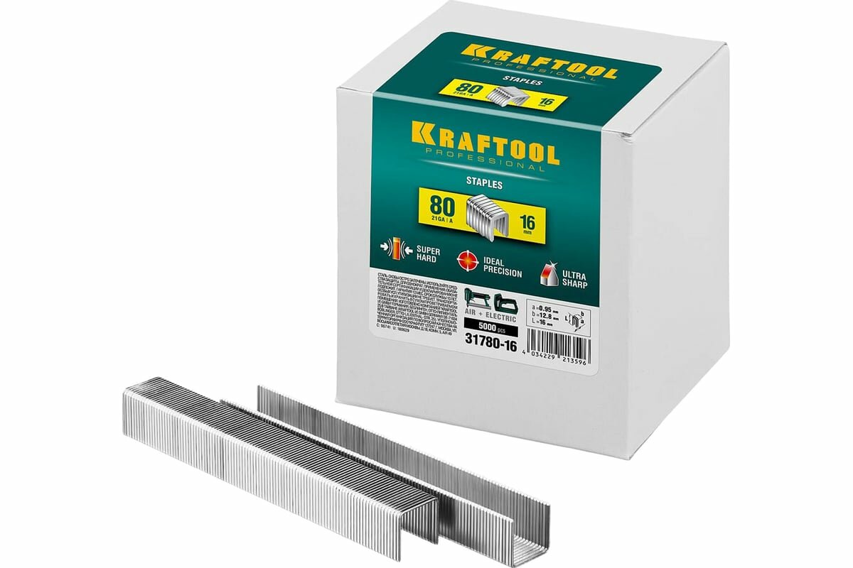 KRAFTOOL скобы 21GA 16 мм, тип 80/Pr A/Senco AT, 5000 шт, код 31780-16 универсальные