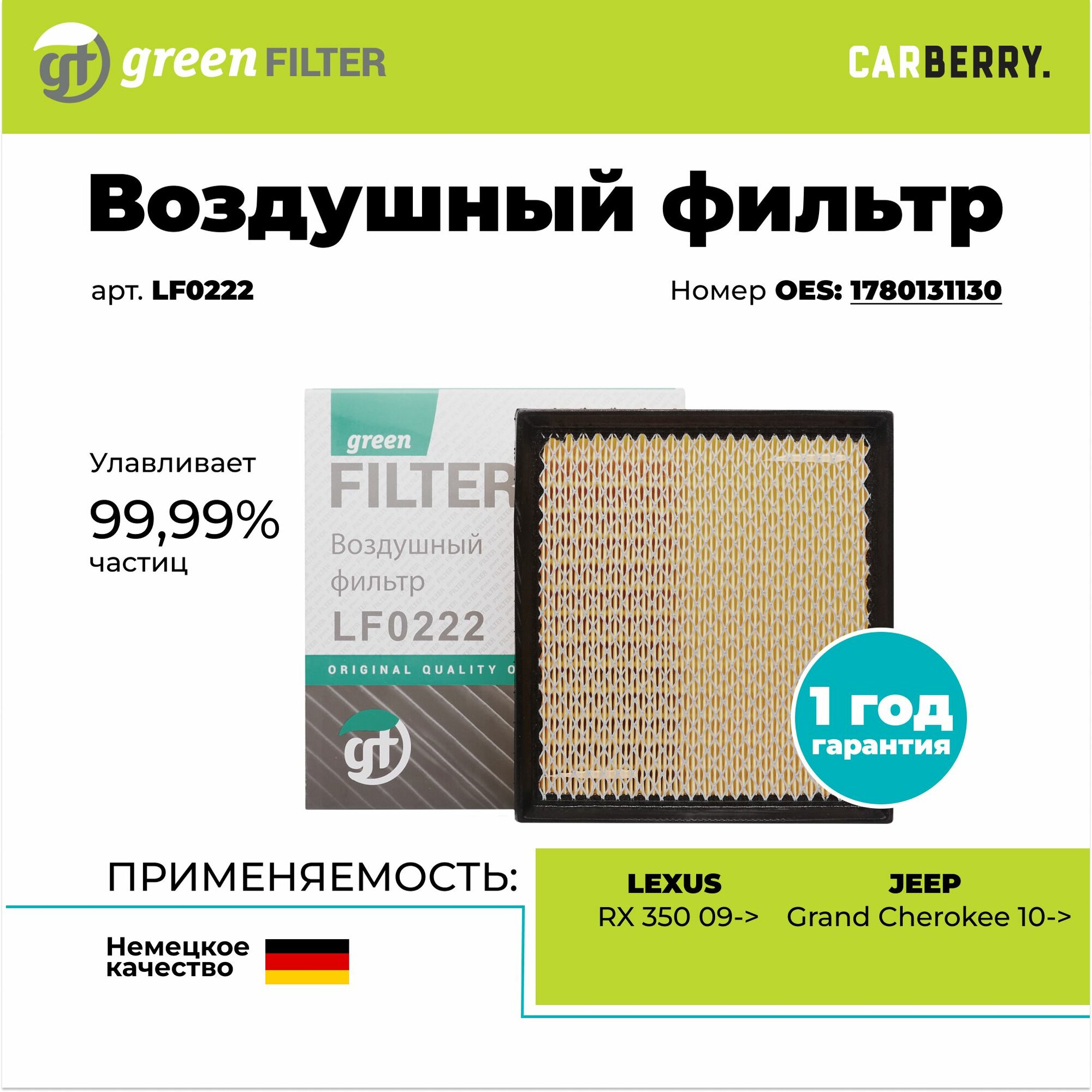 Фильтр воздушный Green Filter LF0222 для LEXUS RX 350 и JEEP Grand Cherokee