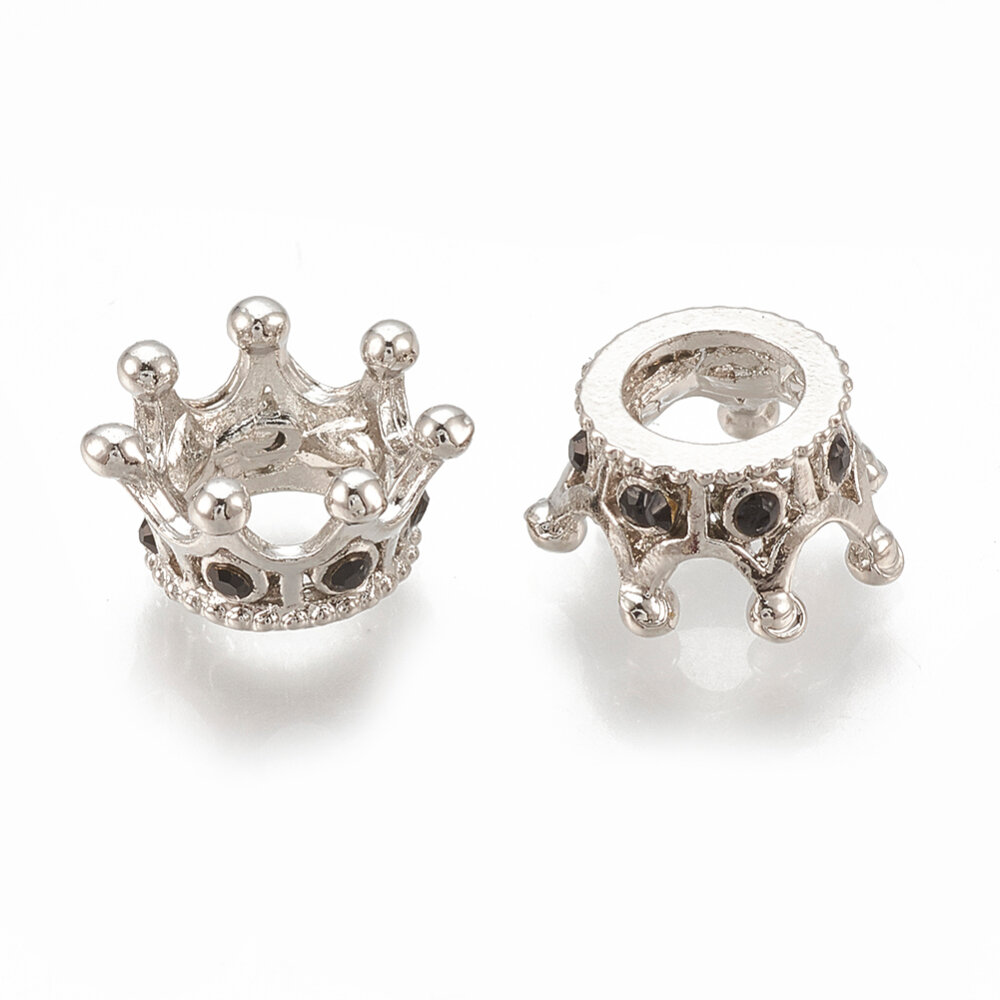 Бусина металлическая, 11х7мм, Корона, базовый материал - латунь, с черными стразами, под родий, 2 шт.
