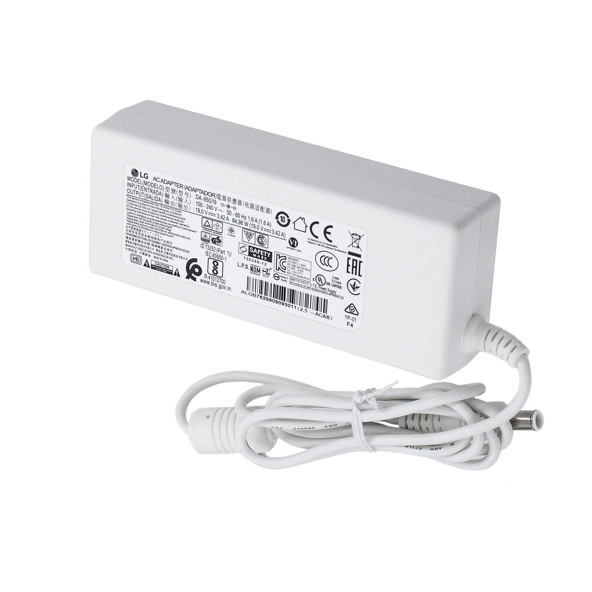 Блок питания 19V 3.42A 6.5x4.4 65W для монитора LG / зарядка для экрана / телевизора PSAB-L206A LCAP40 DA-65F19 - белый