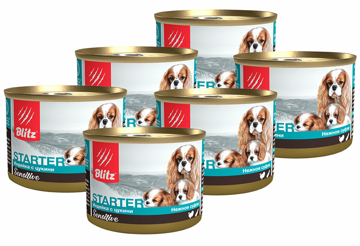 BLITZ SENSITIVE STARTER для щен, берем и кормх сук суфле с индейкой и цукини банка 200 гр 200 гр х 6 шт
