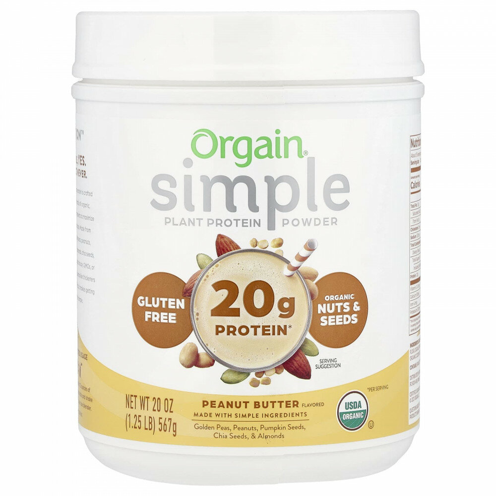 Orgain, Simple, растительный протеин в порошке, арахисовая паста, 567 г (20 унций)
