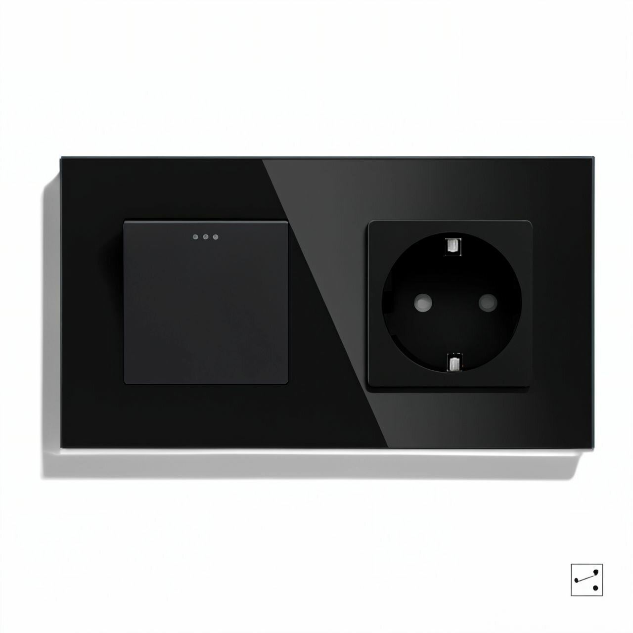 Выключатель с розеткой, 1 клавиша 1 розетка, 2 поста (М1+1F) рамка стекло 157х86мм цвет черный
