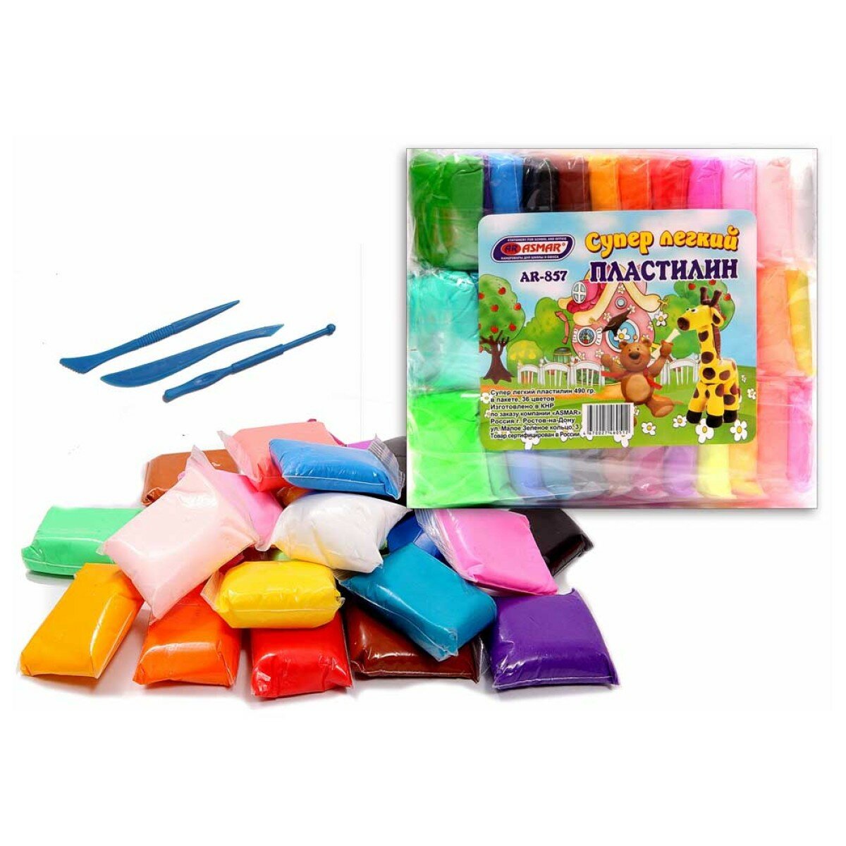 Пластилин воздушный супер легкий ASMAR 36 цветов, 490г, со стеком