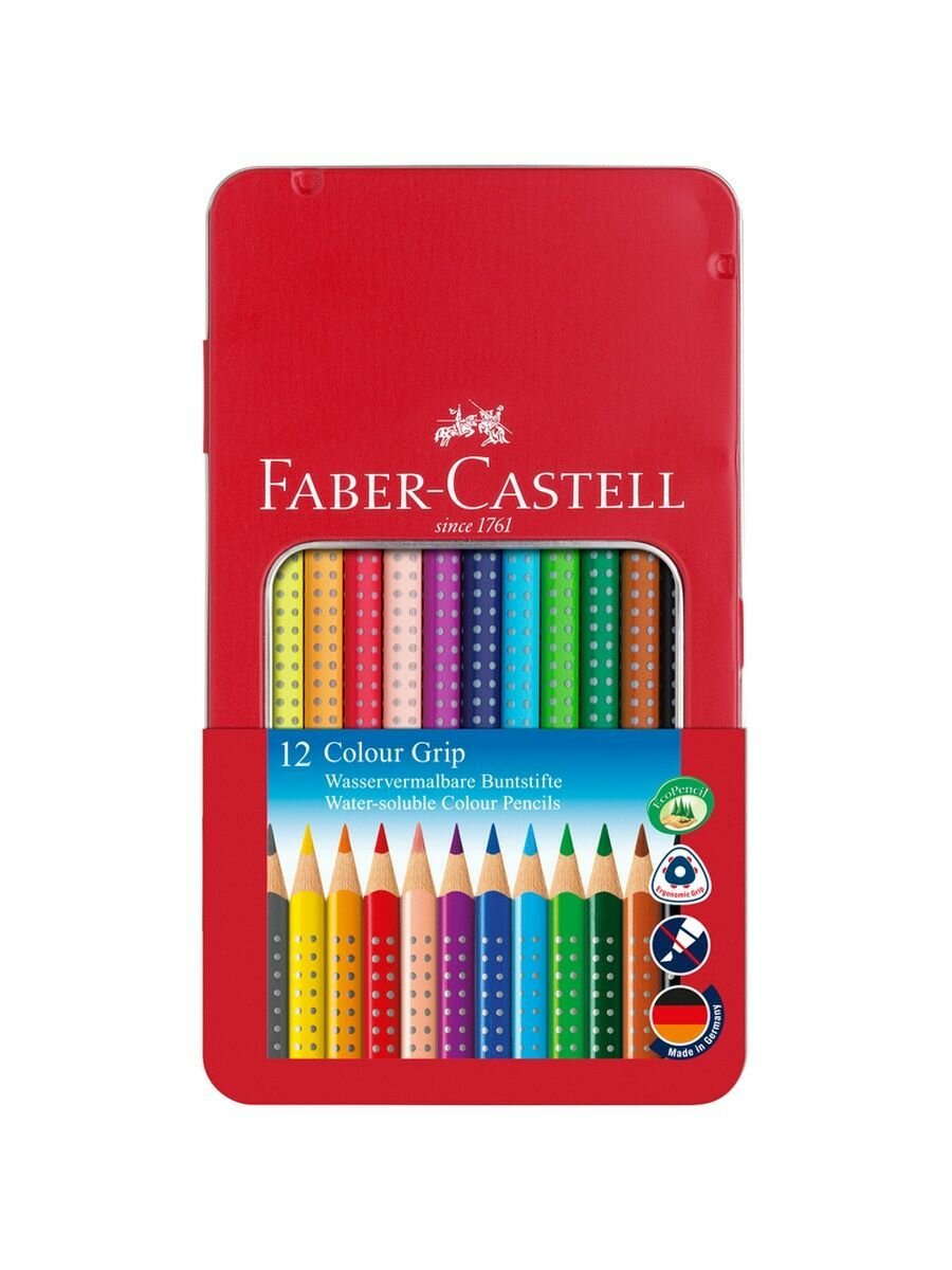 Карандаши цветные Faber-Castell "Grip", 12 цветов, металлический пенал