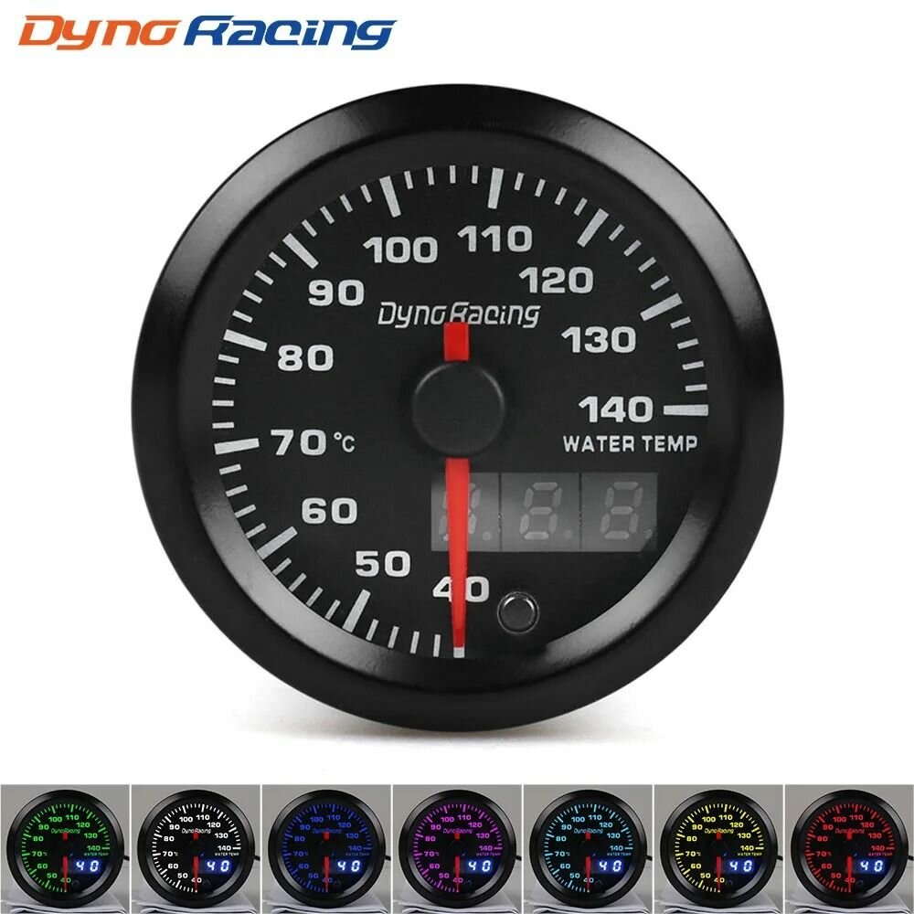 Датчик температуры воды 52 мм Dynoracing, двойной дисплей 40-140°C, 7-цветная LED подсветка и кнопка смены цвета