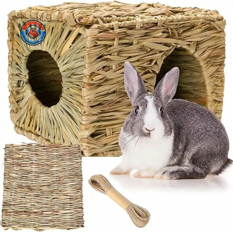 Клетка для животных с плетёной травяной пелёной, жевательной игрушкой и креплениями, уютный домик для кролика, морской свинки, шиншиллы, многофункциональное лежанка-гнездо из натуральных материалов