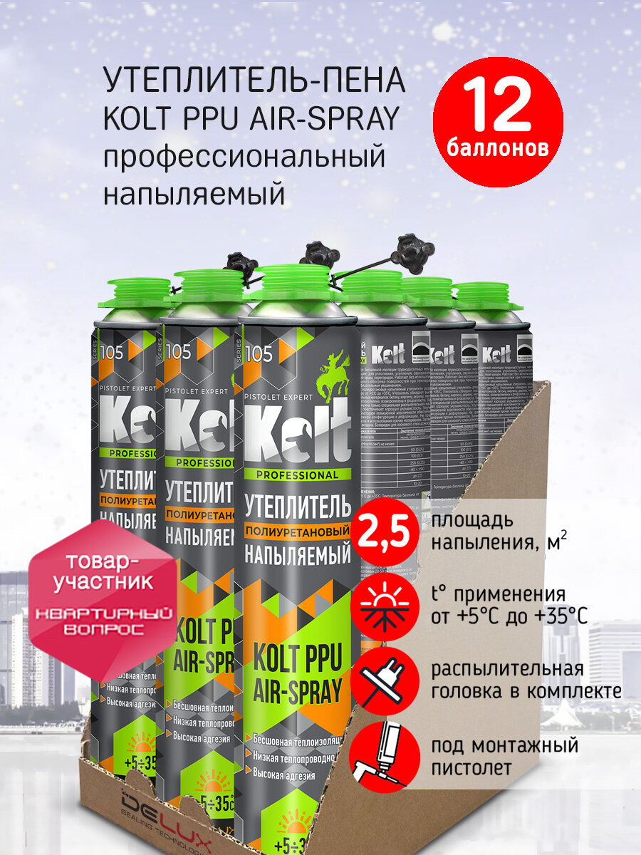 Утеплитель Kolt профессиональный, напыляемый, бесшовный, 12 шт