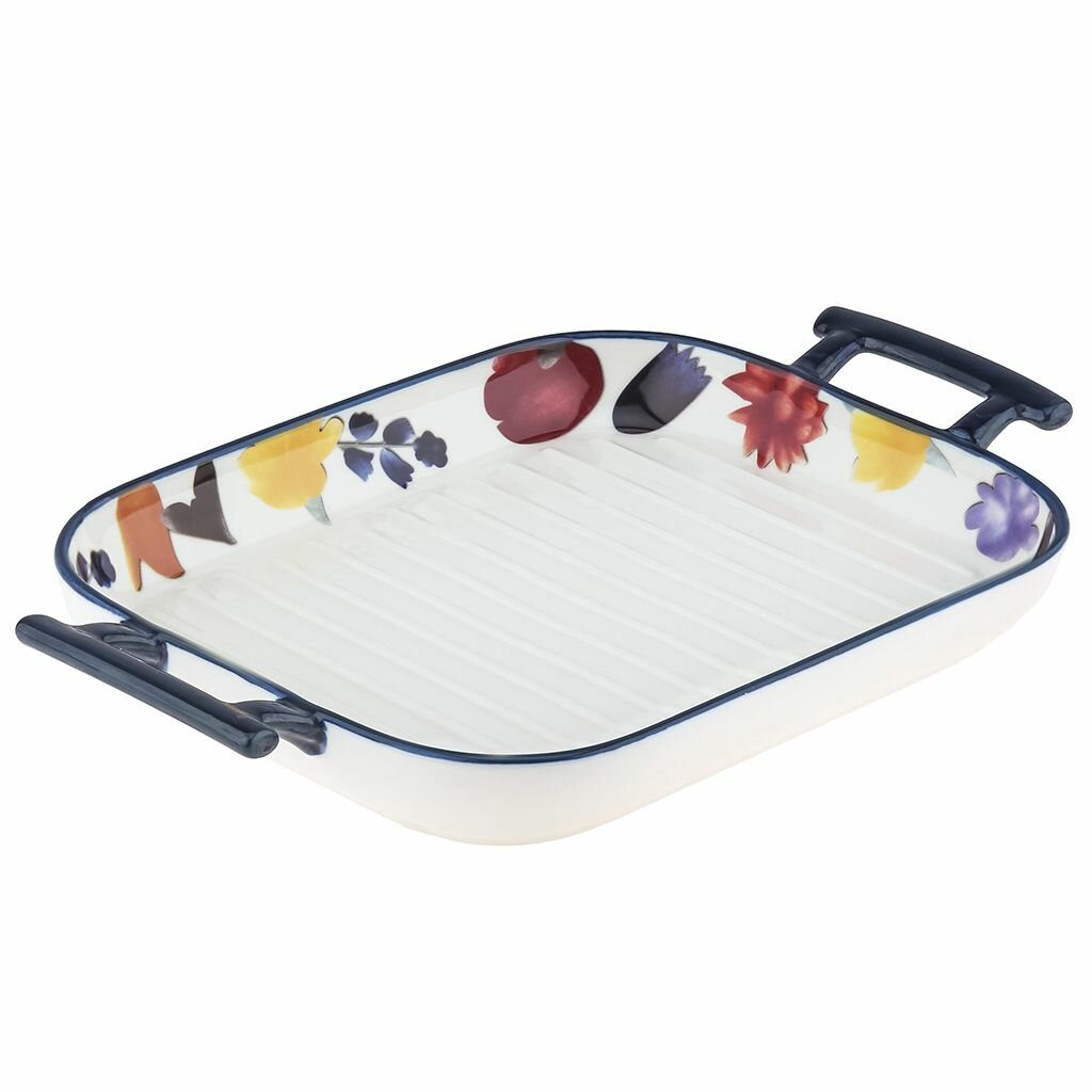 Форма для запекания керамическая "Сезон" 500мл, 21,5х18х3см, гриль, прямоугольная, 2 ручки, общая длина 27,3см, белый/синий, в коробке