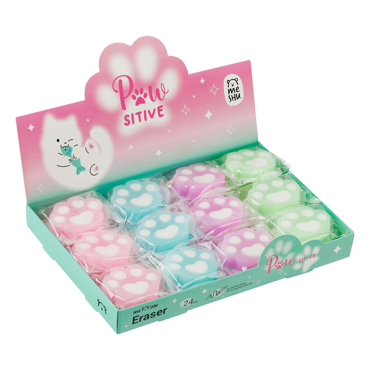 24 шт. Ластик MESHU "Cute Paw", фигурный, 38*33*10мм, ПВХ, дисплей бокс, ассорти