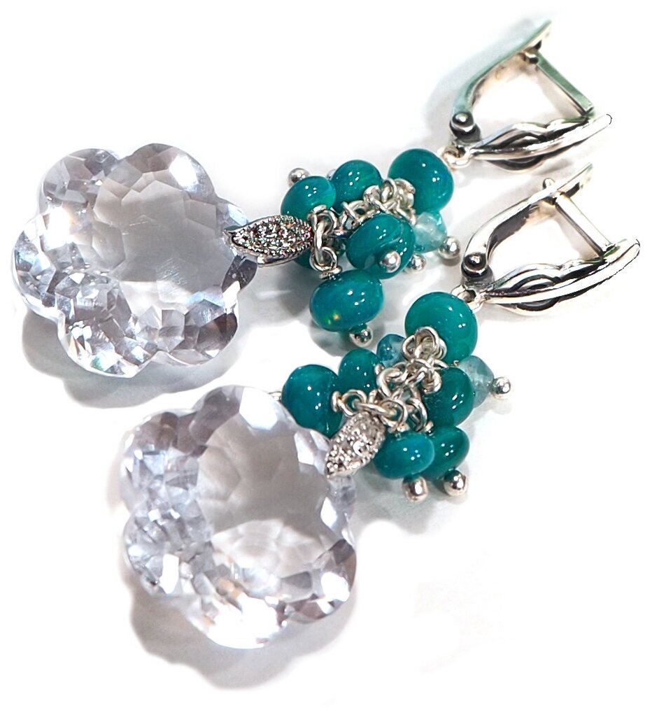 Серьги, металл, аквамарин, опал, апатит