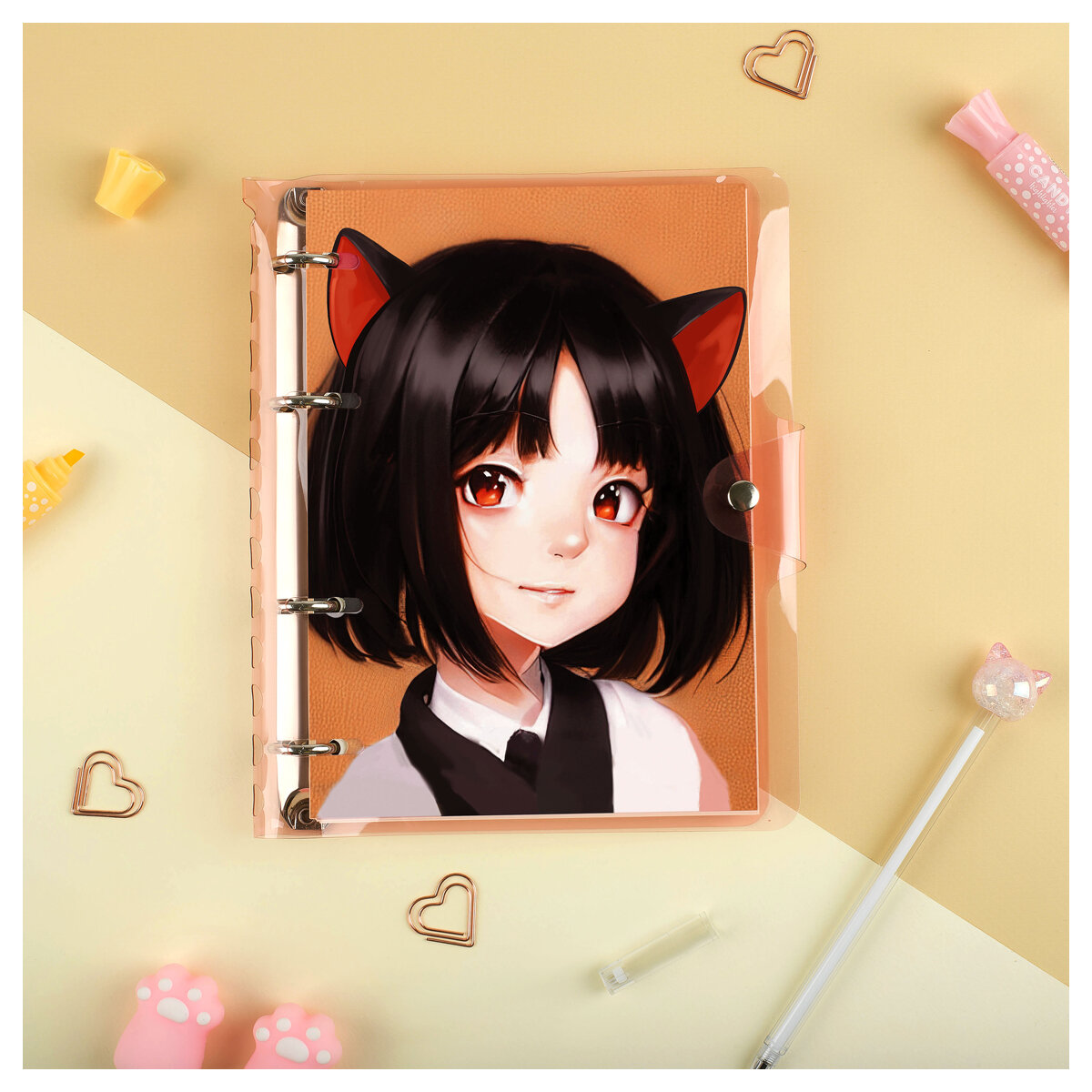 Тетрадь на кольцах 120л, А5, клетка MESHU "Neko", с пластиковой обложкой