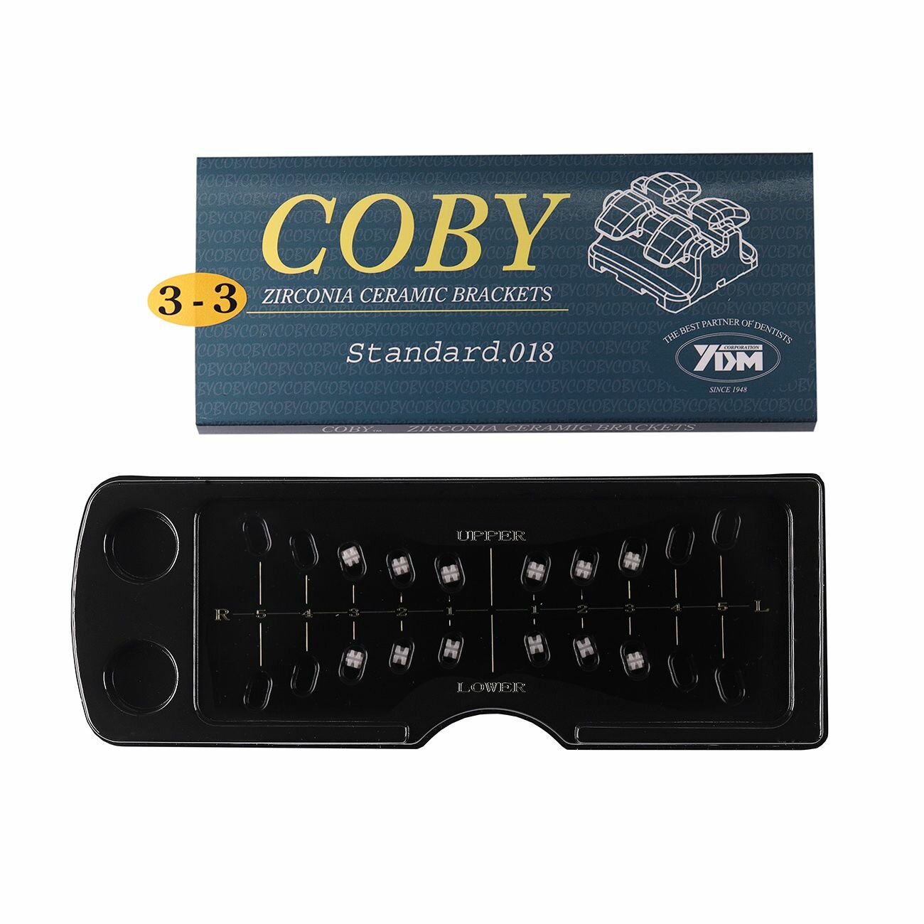 Брекеты ортодонтические лигатурные "СОВY" из диоксида циркония, вариант исполнения STANDARD .018: COBY STD-018-3-3 Верхние, нижние, правые, левые на 1, 2 и 3 зубы, паз .018" - 12 шт./уп.