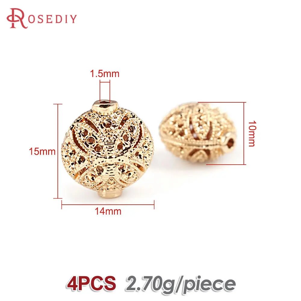 Латунные полые бусины 18-каратного золота Rosediy 30815-18K Gold Color