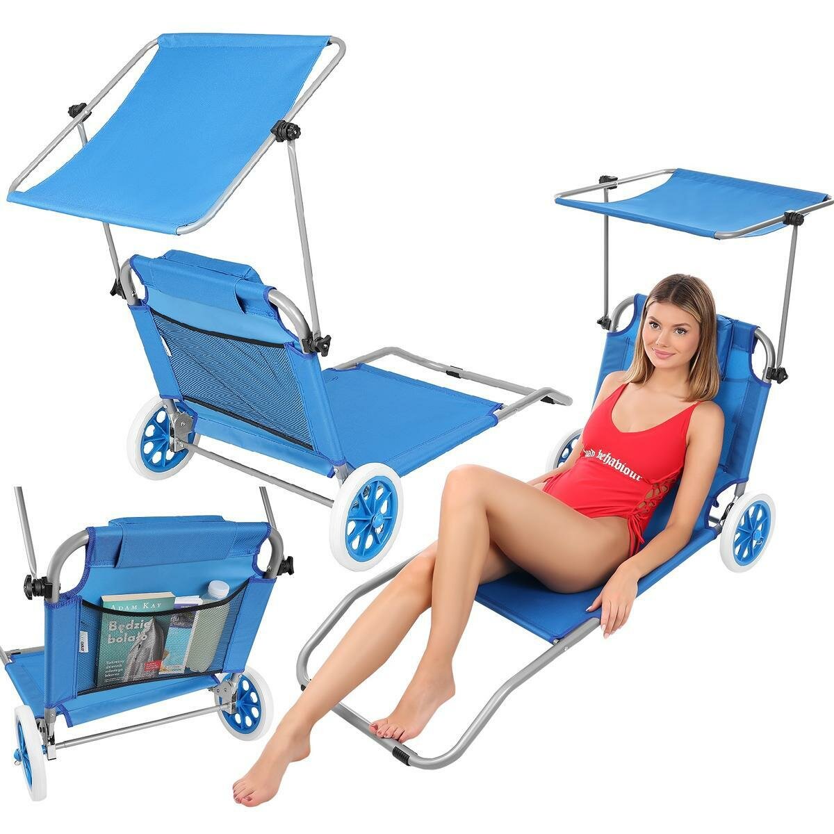 Decathlon Складной пляжный шезлонг Enero Camp с козырьком и колесами, синий