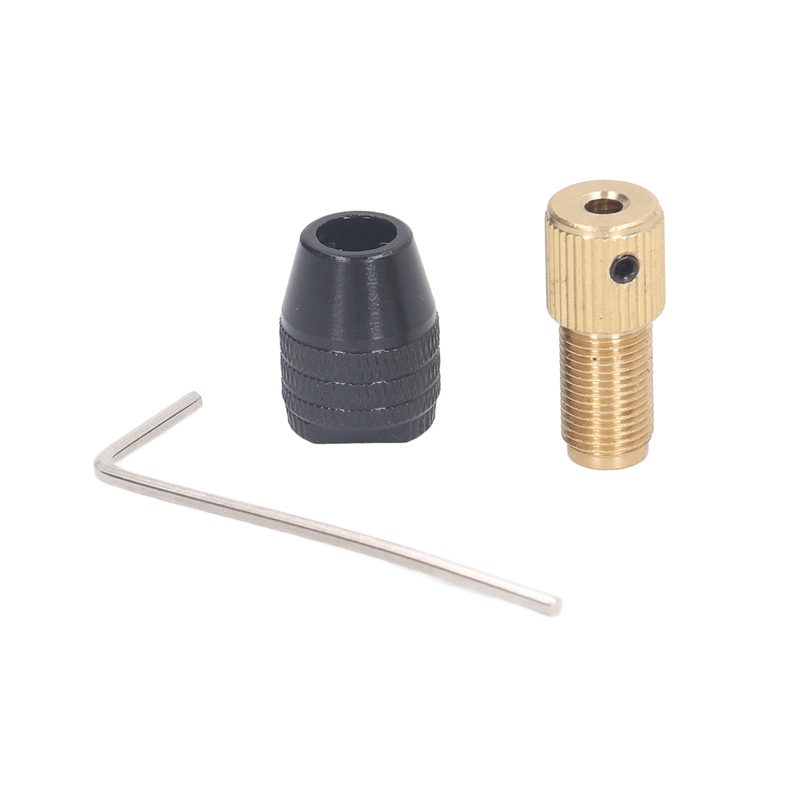 Трехкулачковый сверлильный патрон, самозатягивающаяся цанга, удлинительный стержень для прямых линий, набор шестигранных ключей для отверстий диаметром 3,17 мм.