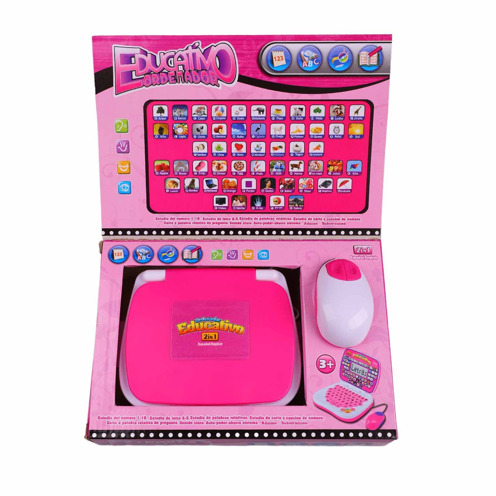 Детский обучающий компьютер с функцией музыки, английский, испанский, интерактивный, образовательный ноутбук для детей, розовый