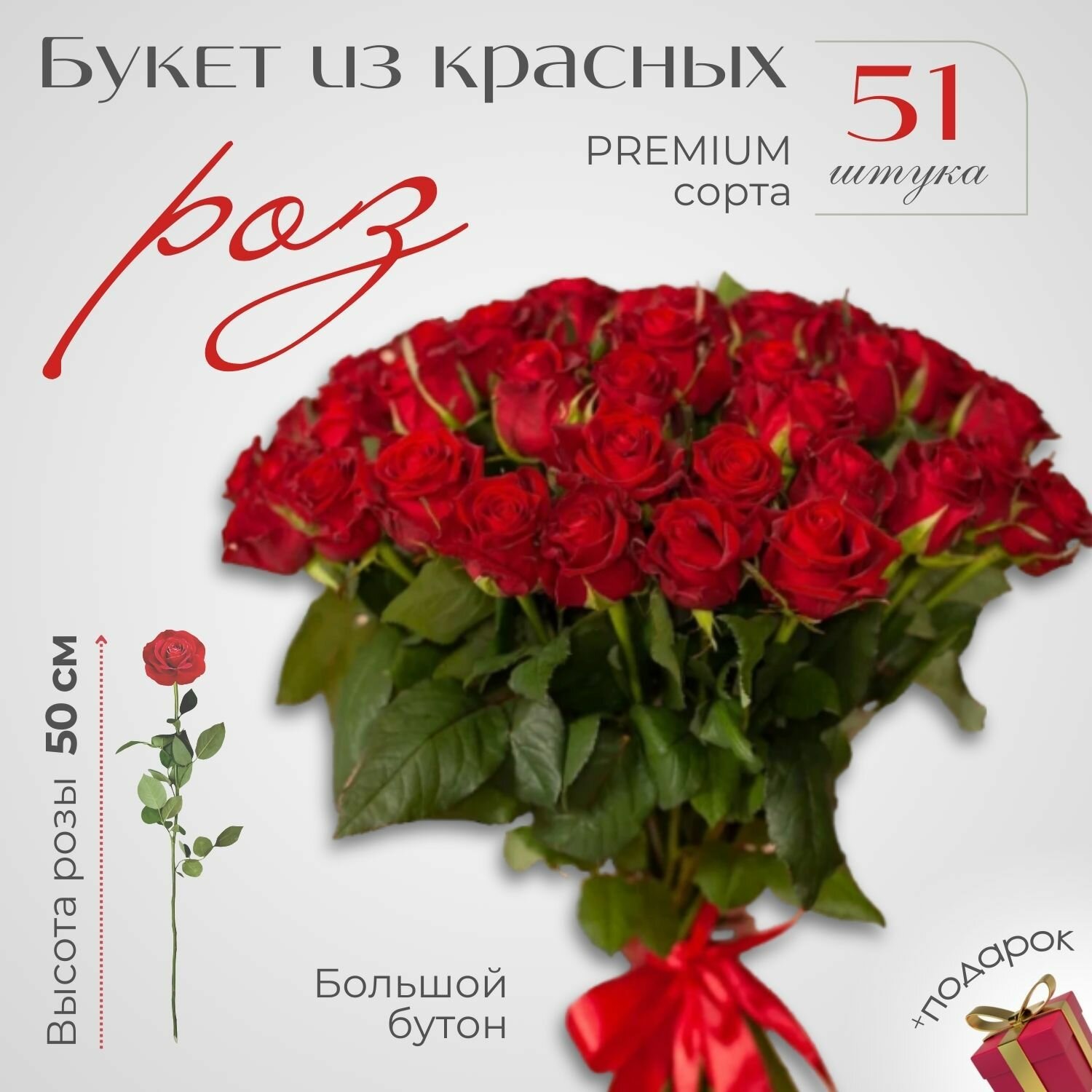 Букет 51 красная роза, 60 см