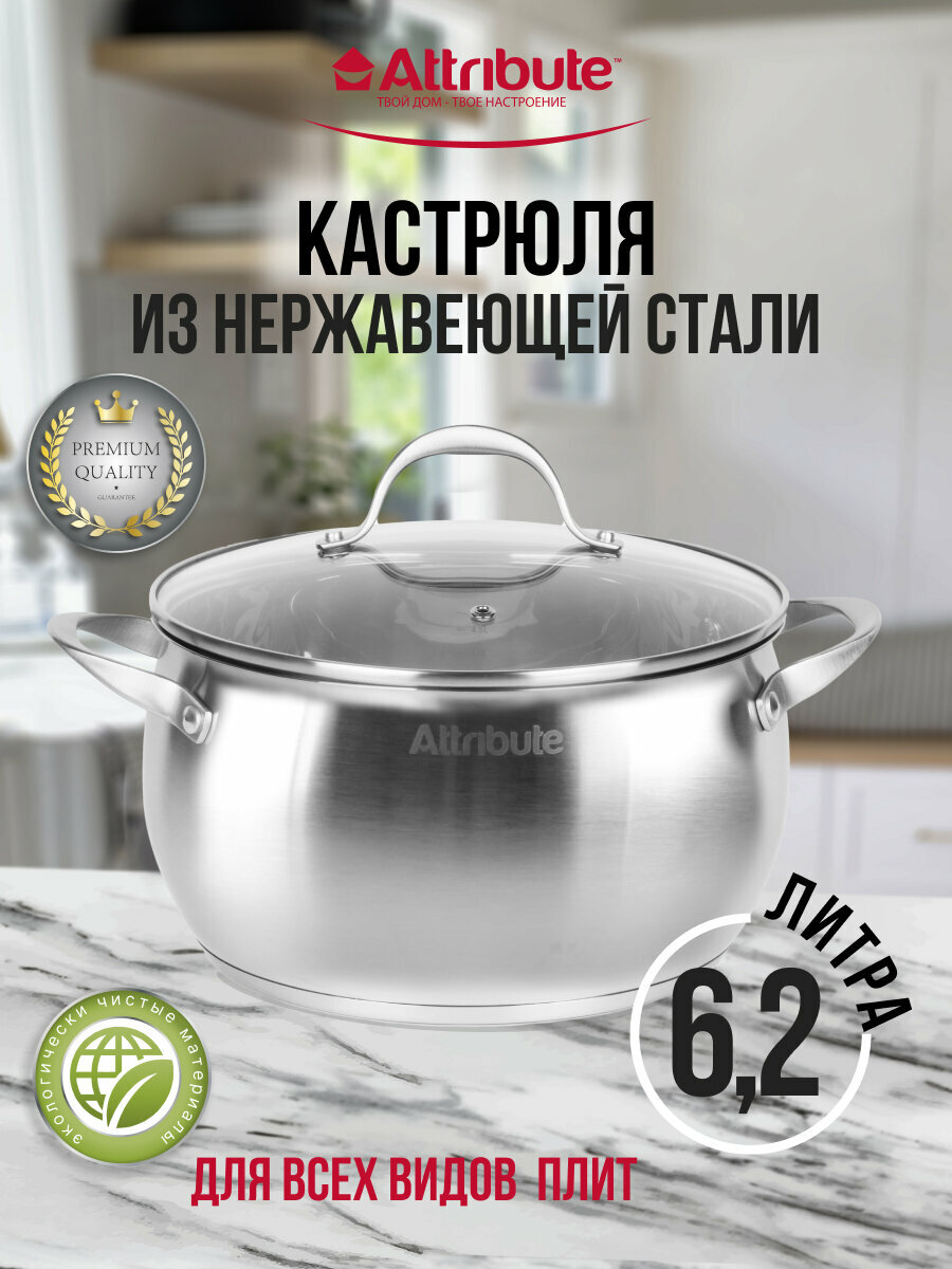 Кастрюля из нержавеющей стали со стеклянной крышкой 6.2 л, ECLIPSE