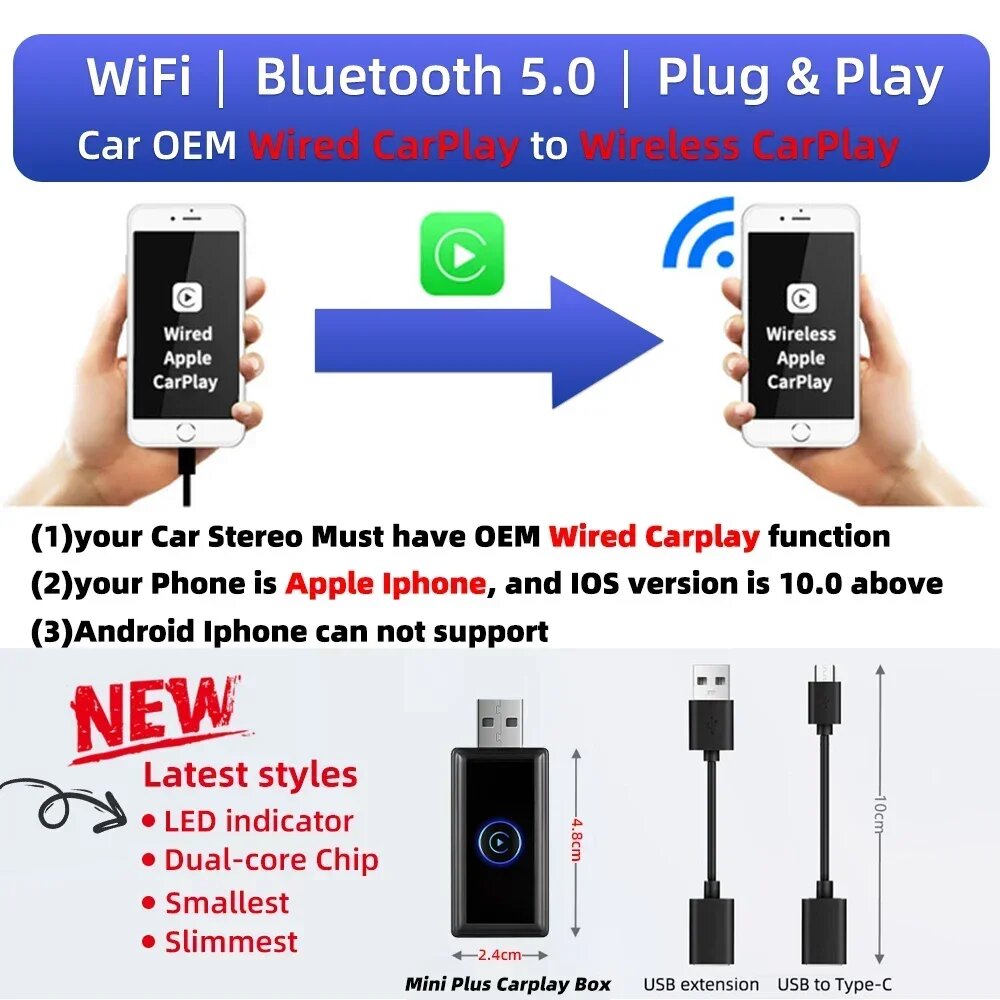 Автомобильная мини-коробка с искусственным интеллектом, светодиодный беспроводной адаптер для Apple Carplay, автомобильный Проводной адаптер CarPlay для беспроводного USB-адаптера CarPlay, подключи и играй, коробка с искусственным интеллектом
