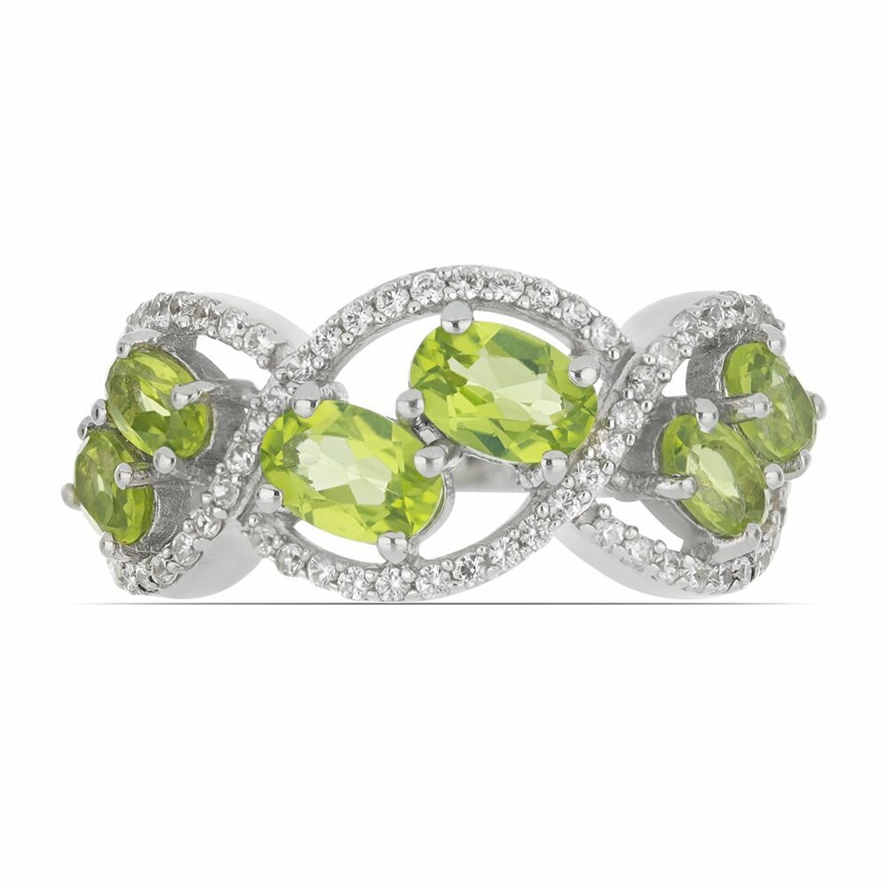 Кольцо, серебро, 925 проба, родирование, перидот, циркон