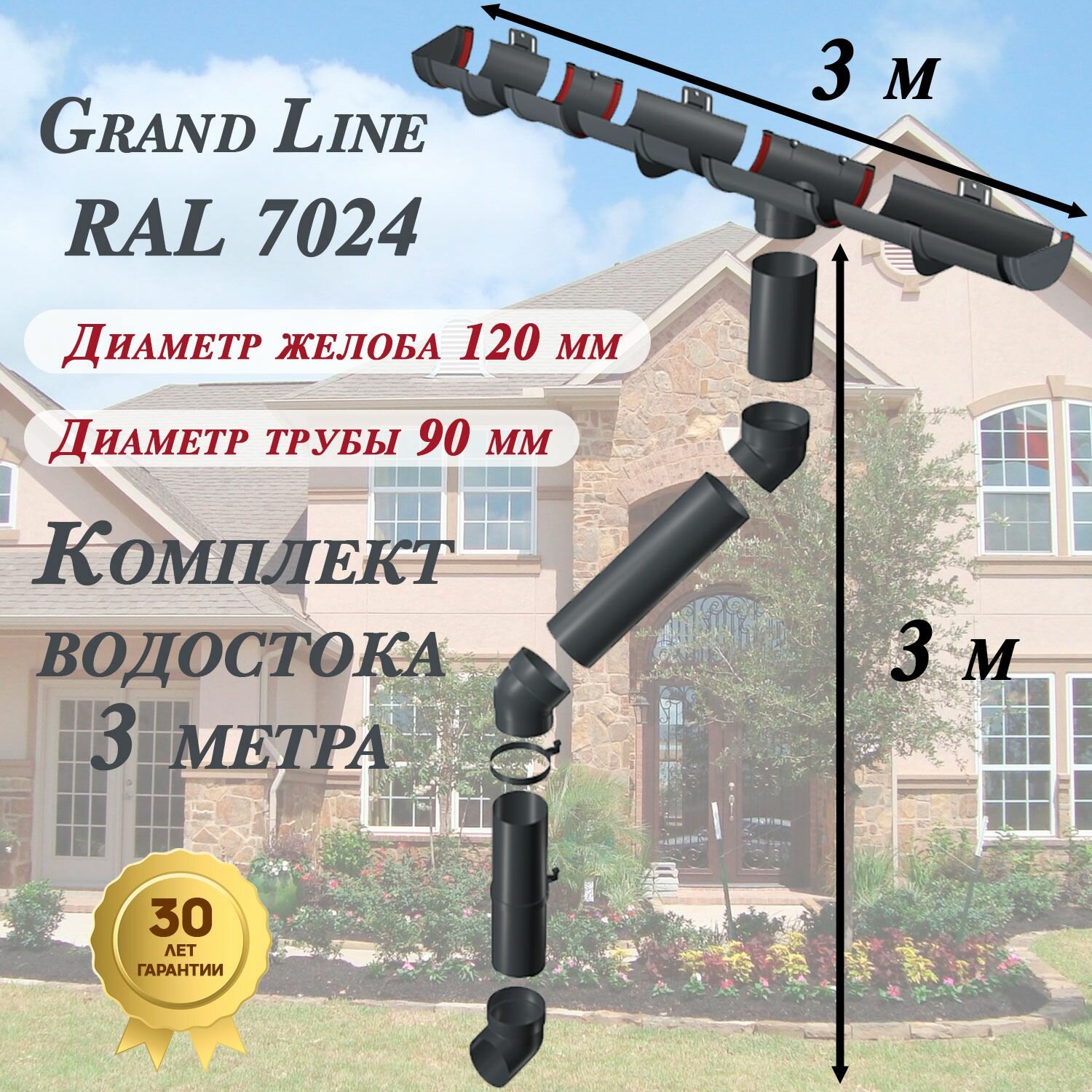 Водосточная система Grand Line 3 м ( 120мм/90мм ) графит RAL 7024 водосток для крыши пластиковый Гранд Лайн ( серый ) комплект ПВХ
