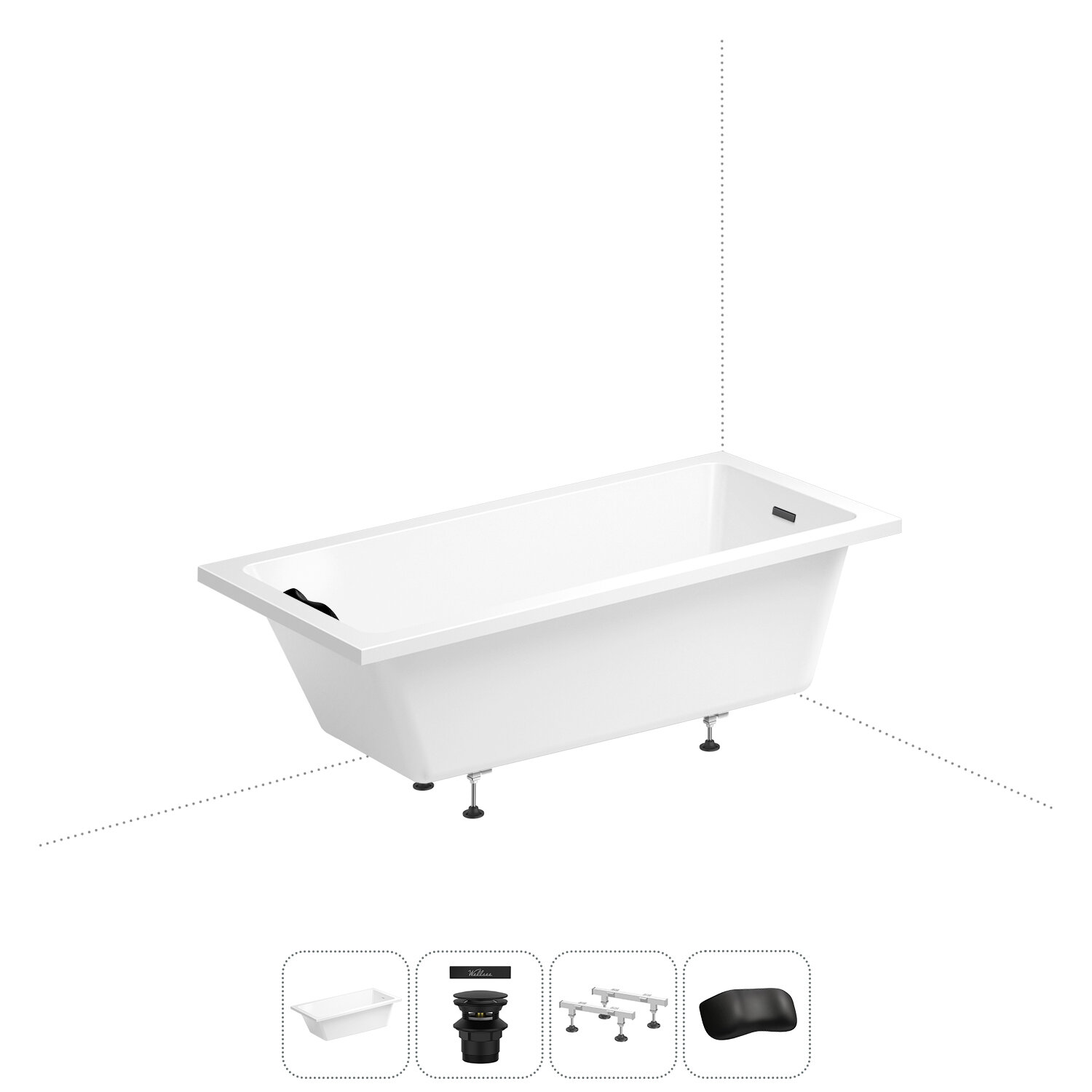 Акриловая ванна 150х80 Wellsee FreeDom 2.0 20212811R в наборе 4 в 1: ванна акриловая 150 х 80 см в цвете белый глянец, слив-перелив матовый черный, ножки, подголовник