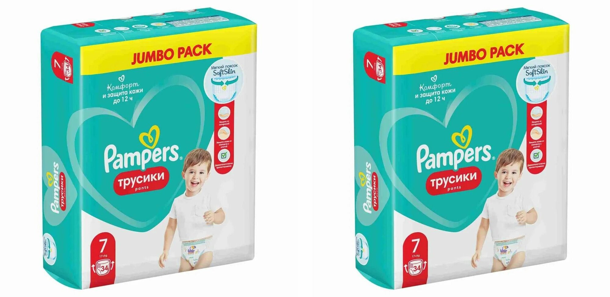 Подгузники трусики Pampers с мягким пояском, 7 размер, 17+ кг, 34 шт х 2 упаковки