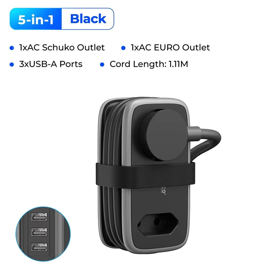 ORICO 5-в-1 Черный удлинитель с USB и евро-розеткой, 1.11м
