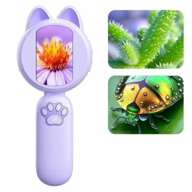 Микроскоп цифровой, лупа для увеличения насекомых фиолетовый, с монитором и записью - микроскоп для ребенка
