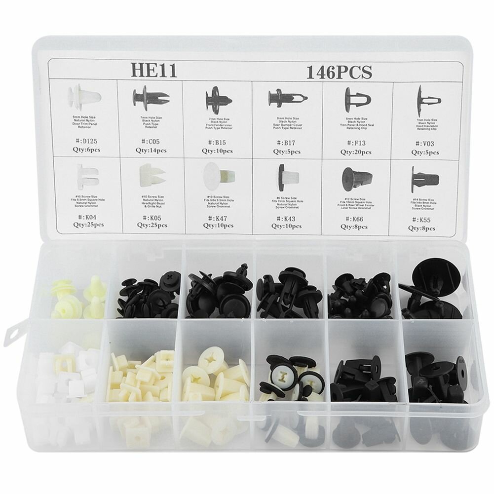 146 шт. клипс и заклепок для крепления дверных панелей и бамперов универсальный набор