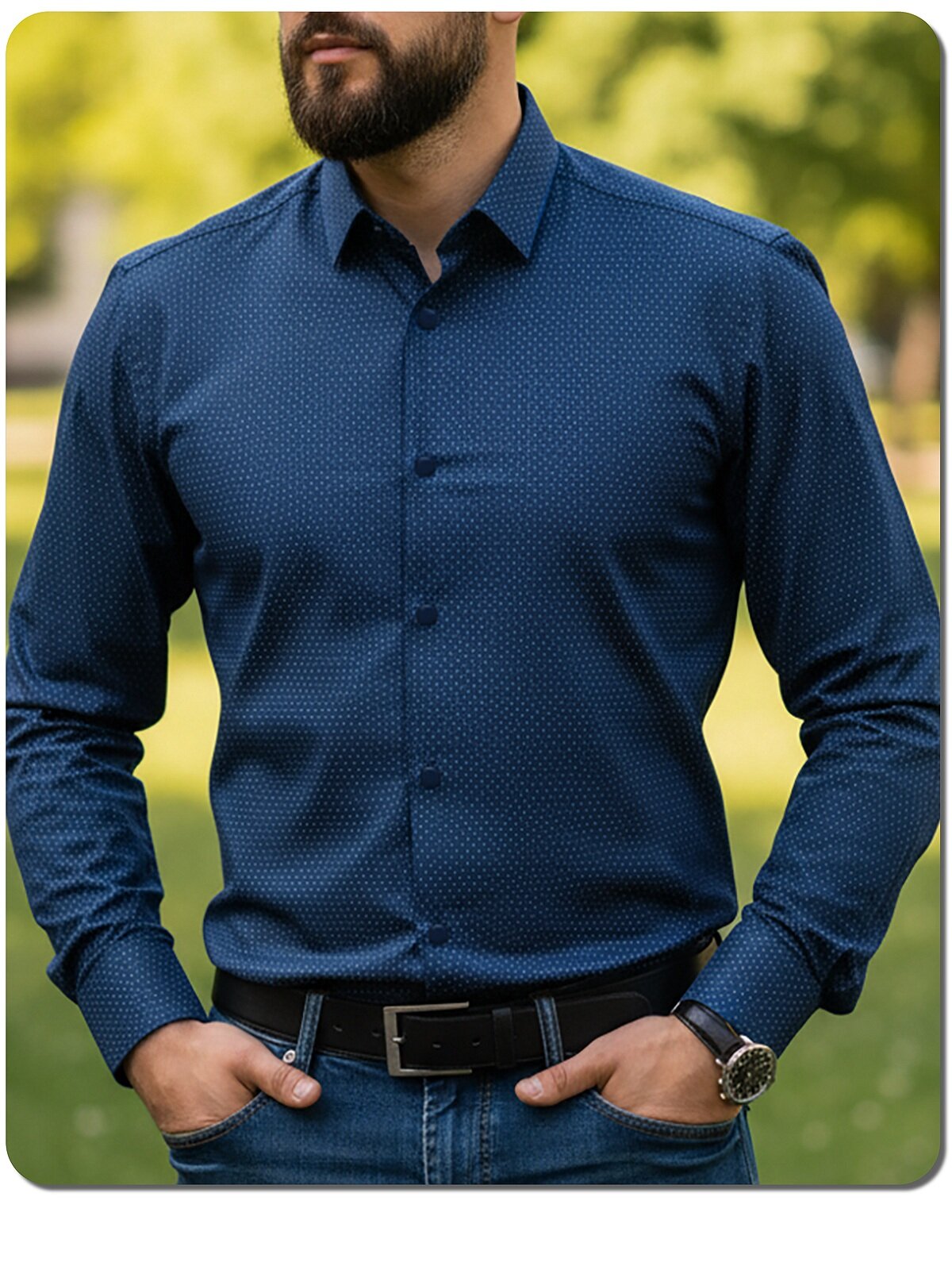 Рубашка Мужская рубашка с длинным рукавом приталенная, темная сорочка на кнопках, рубаха на любой сезон, синяя в мелкий рисунок, без карманов, с отделкой рубашка Slim fit с приталенным кроем зауженная