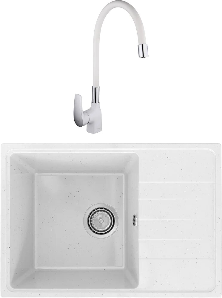 Комплект Мойка Practik PR-M 600-001, белый камень / Смеситель Frap F4453-03, с гибким изливом, белый