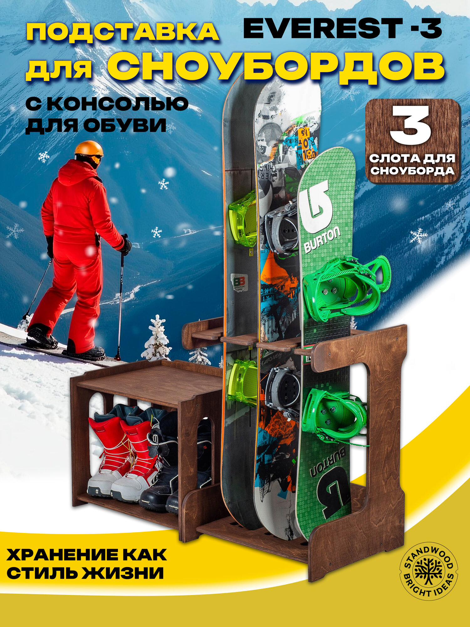 Подставка для 3 сноубордов Everest-3 от Standwood с консолью для обуви
