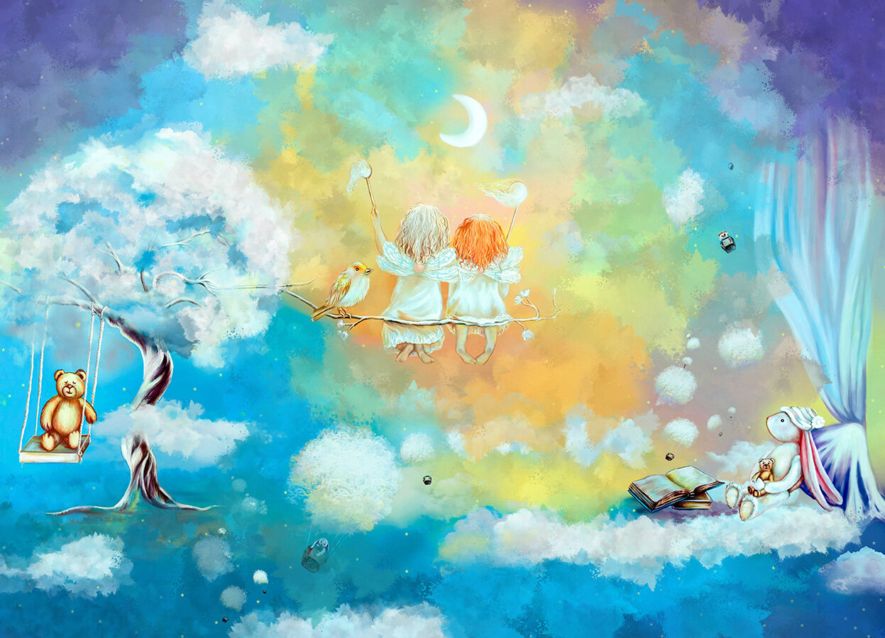 Фотообои Уютная стена "Дети в облаках", флизелиновые, 370х270 см