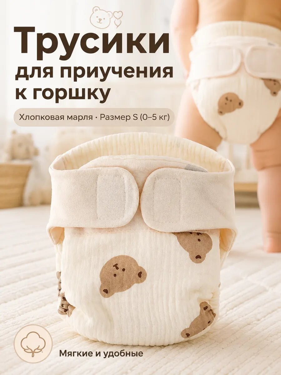 Детские подгузники-трусики бежевые с мишками, S(0-5kg)