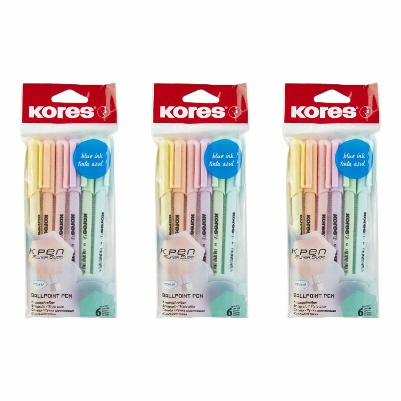 Kores Набор шариковых ручек, синие, 6 штук в упаковке, 3 уп.