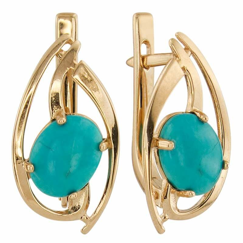 Серьги, красное золото, 585 проба, бирюза