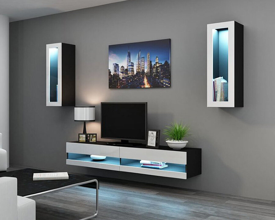 Гостиная Виго нью 11 Белый Фасадный 0101 / Черный 0190 NEW 250x42x180 см, белый фасадный, черный Фиеста