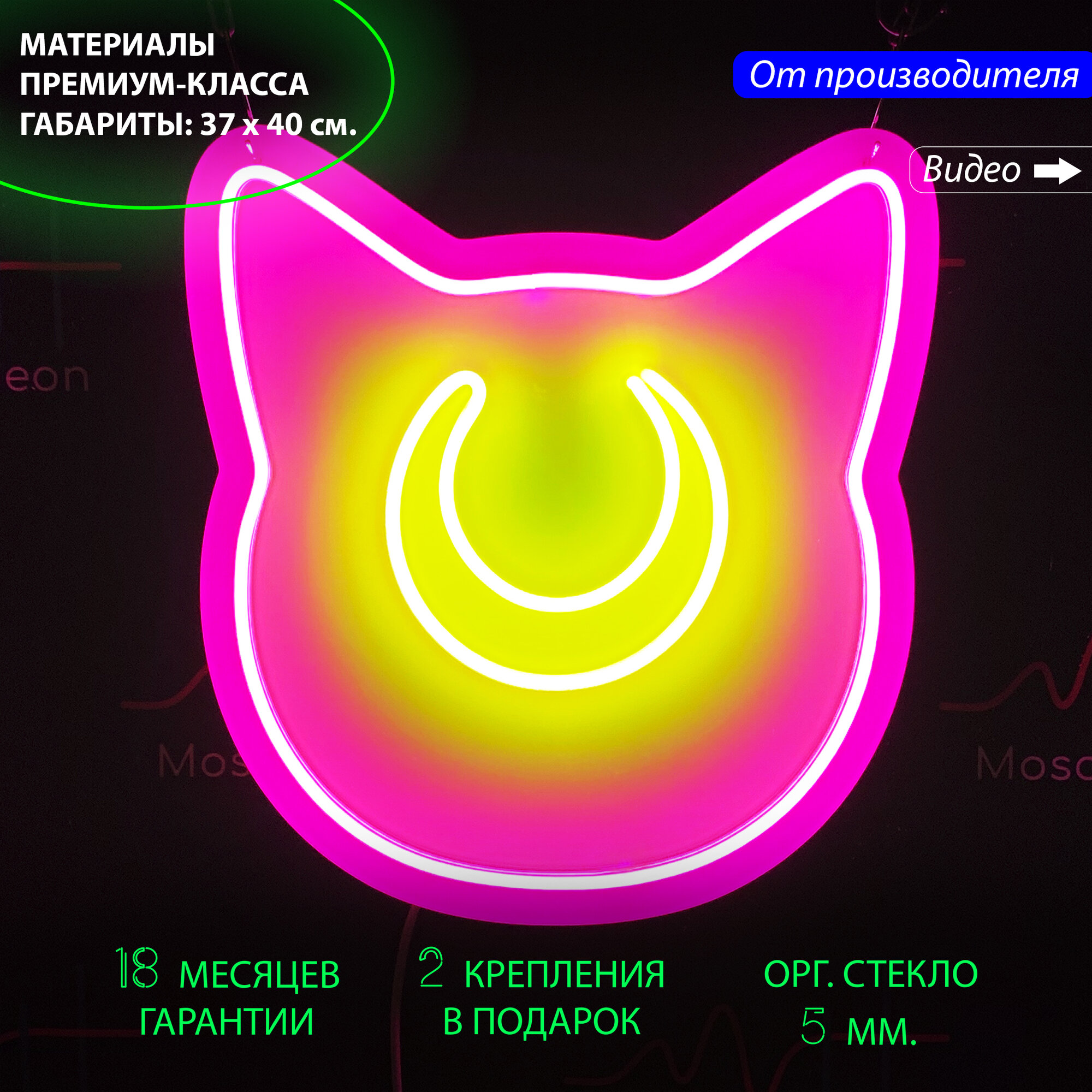 Неоновый светильник, неоновая светодиодная вывеска на стену, настенная неоновая лампа "Kawaii аниме (Кошка)", 37 х 40 см. с пленкой