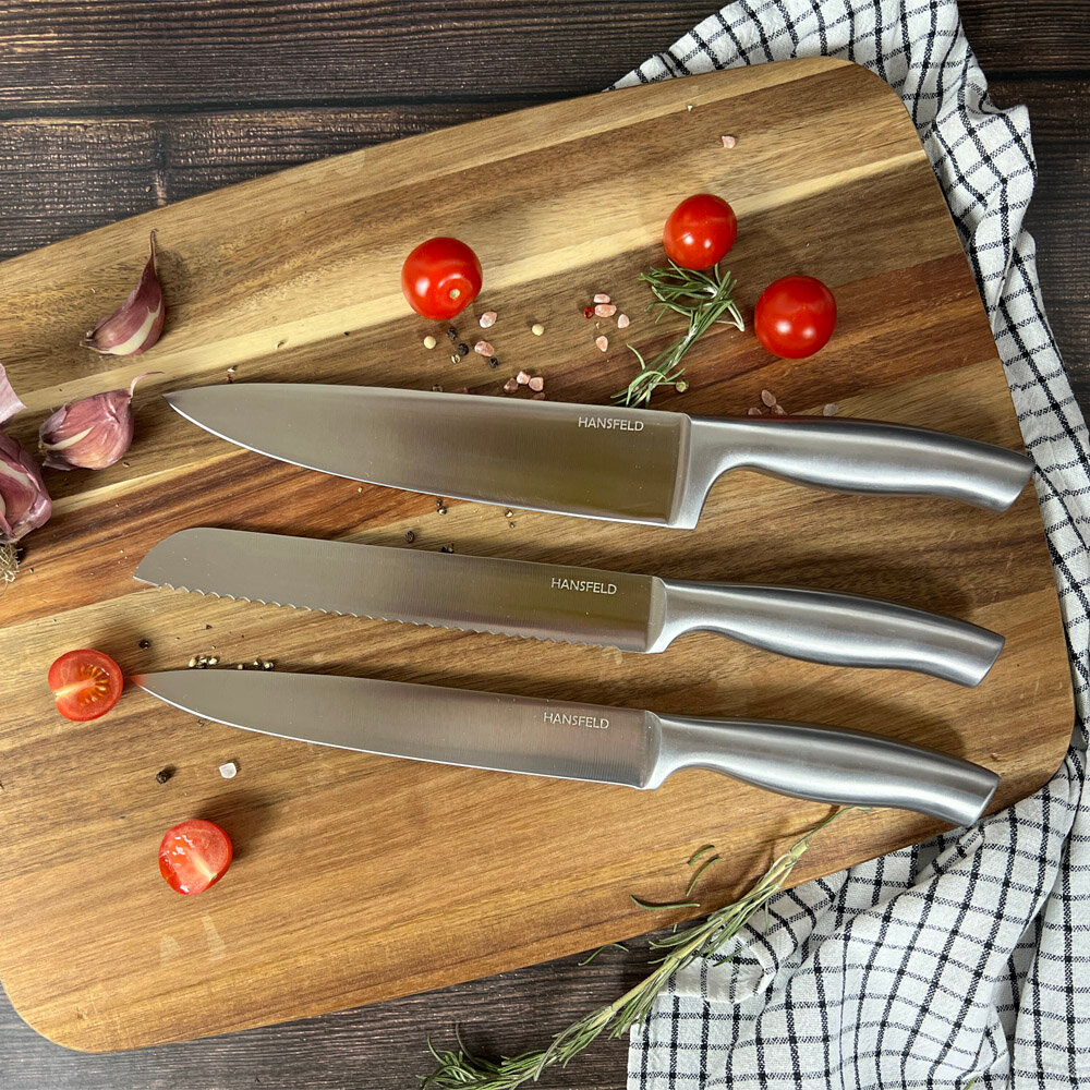 Набор кухонных ножей 3шт (разделочный, для хлеба, поварской) HANSFELD Aurora, нож для разделки мяса рыбы, хлебный нож, нож для мяса шеф нож поварской