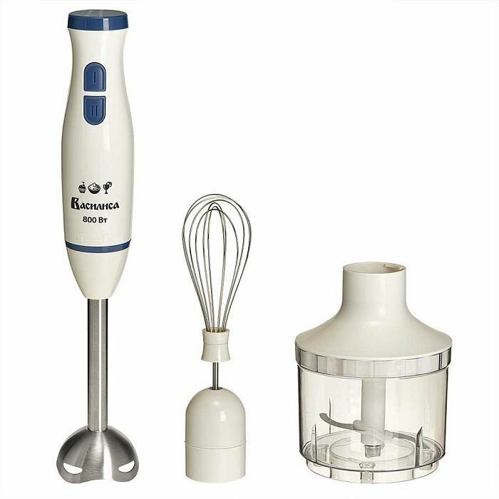 Блендер Василиса ВА-310А погружной, с измельчителем и венчиком 800 Вт, белый с синим